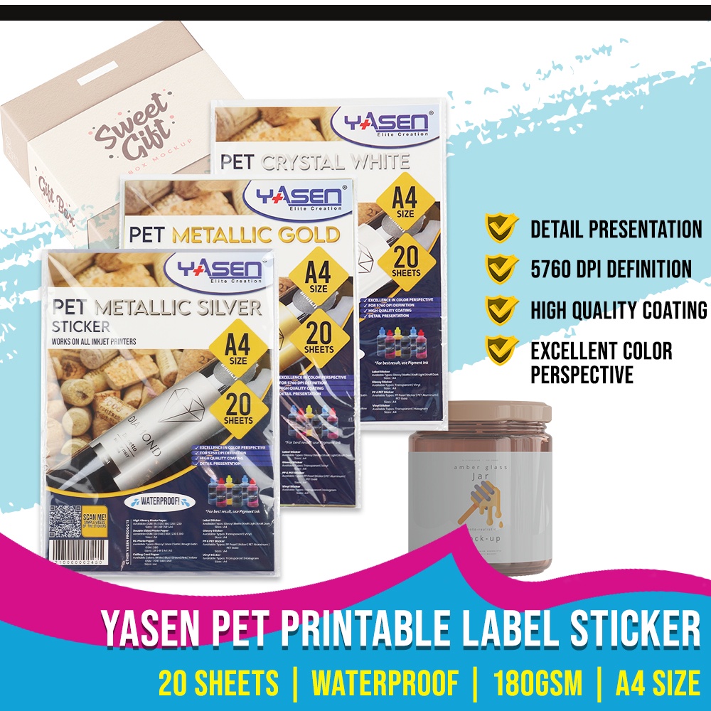 A4 PET Printable Label Sticker Yasen 180GSM Waterproof Photopaper Sticker 20 Sheets | Shopee ...