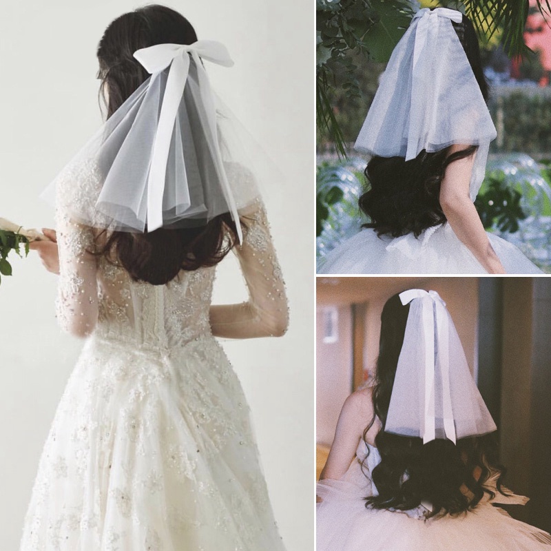 White Ribbon Bow Veil Bridal Short Veils with Hair Clip | Shopee ...