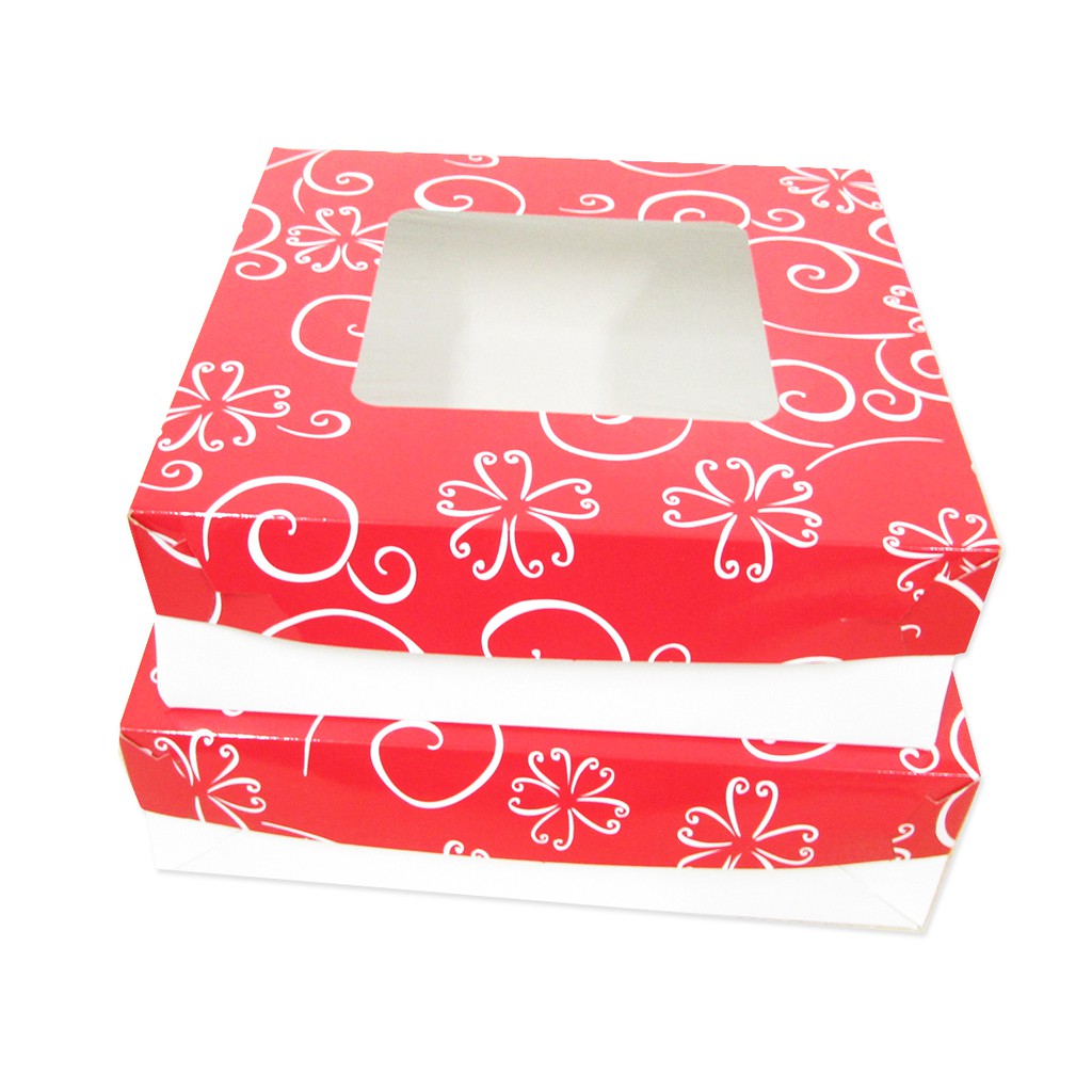 Pastry Cake Box 9x9x3, 10x10x3 inches Red Cover with Design and Window ...