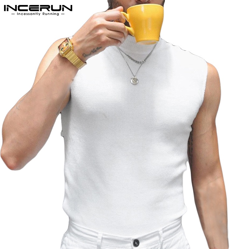 INCERUN Men Fashion Solid Color Sleeveless High Neck Slim Fit Knit Tank ...