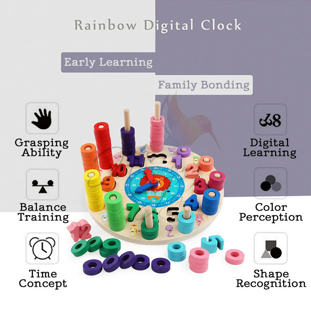 Kids Wooden Multifunctional Rainbow Interactive Clock for Learning Time ...