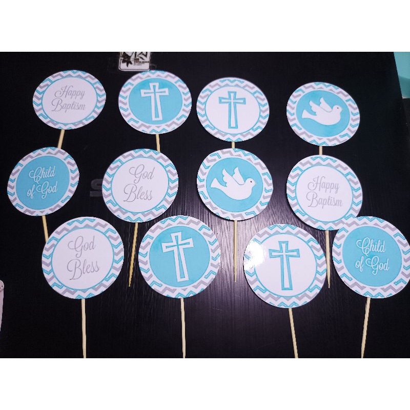 customized photo Printed blue cross baptism 2" cupcakes toppers ...