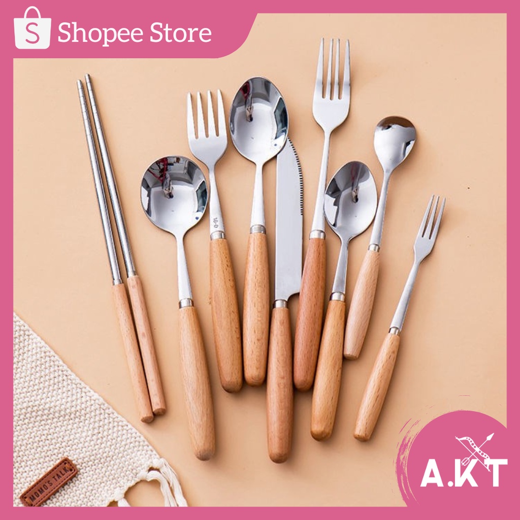AKT Wooden Spoon and Fork Set Stainless / Cutlery Set / Wood Stainless ...