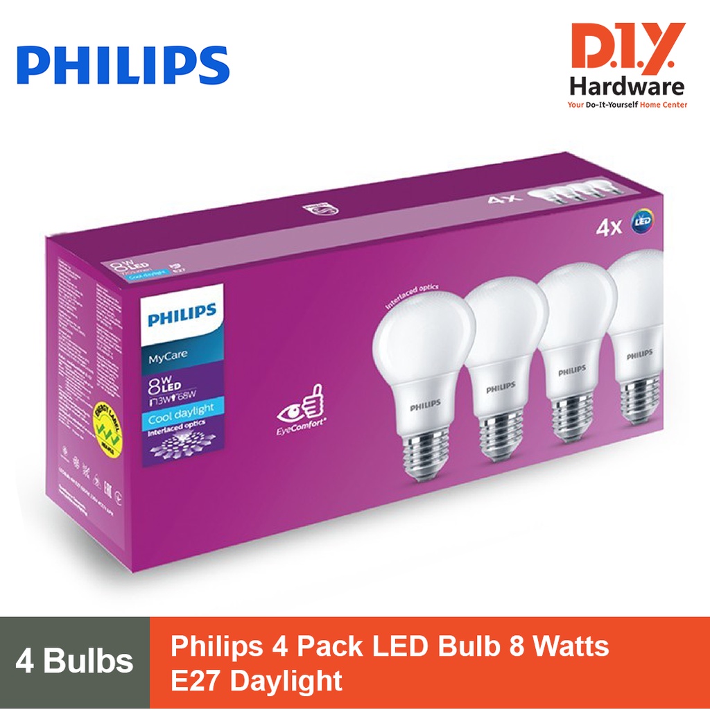 Philips 4 Pack LED Bulb 8 Watts E27 Daylight | Shopee Philippines