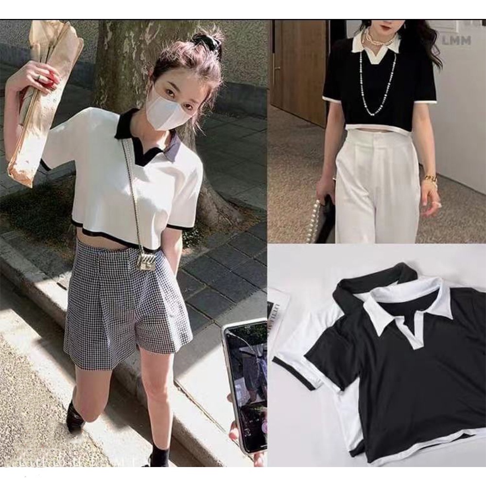 BM CHARLENE Korea Combi Croptop Raglan Tops Polo Shirt wt0144 | Shopee ...