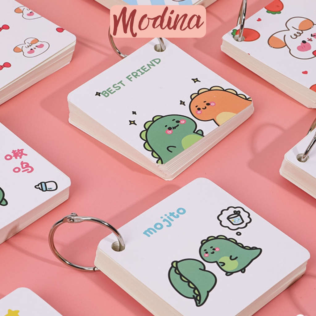 White flashcards with cute cartoon covers used to learn English ...