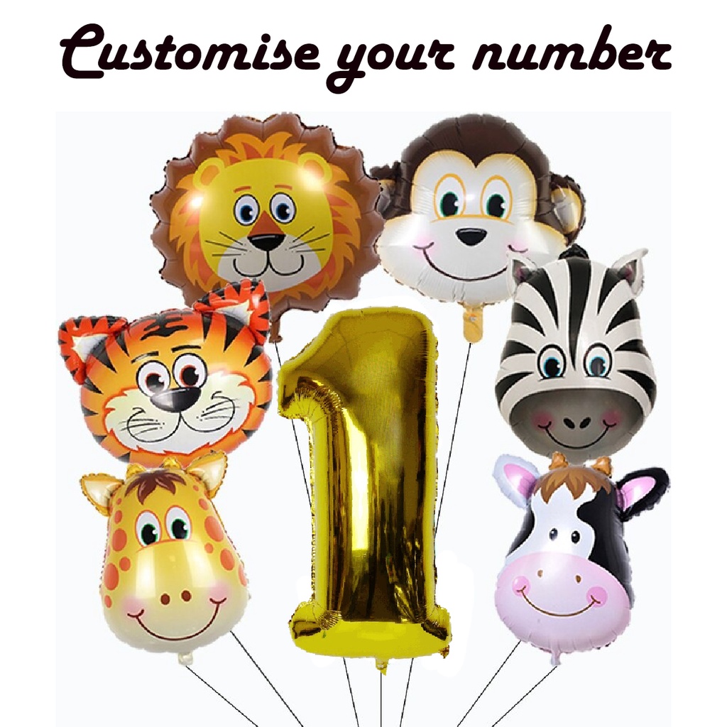 7pcs Jungle Animal Balloon Set Customizable Number Foil Balloon Safari ...