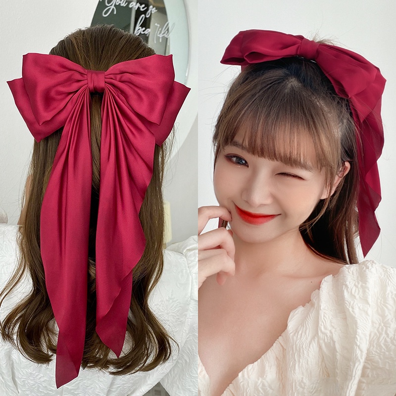 Korean Long Tassel Hairpin Red Ribbon Big Bow Barrette Beauty Satin Bow ...