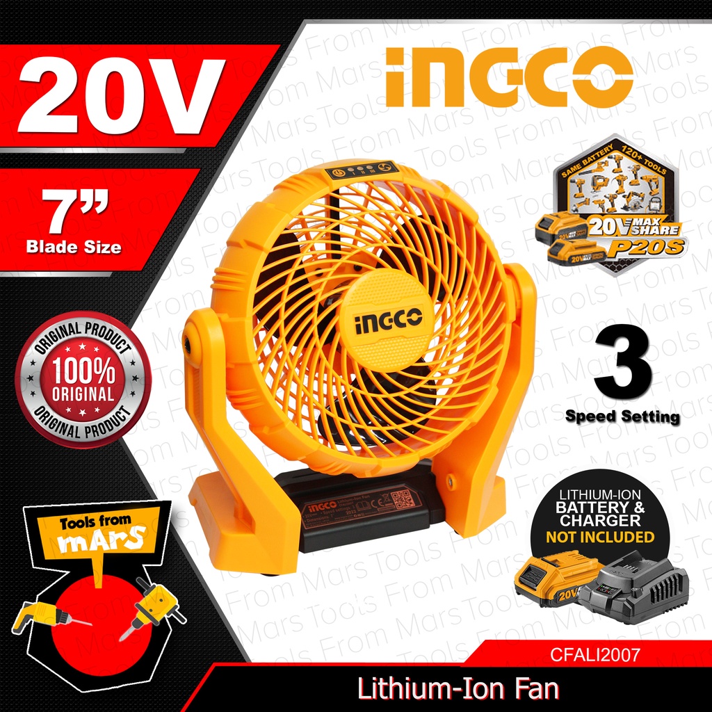 INGCO Cordless Lithium-Ion Fan 20V With 3 Speed 7" Inches Head Rotation ...