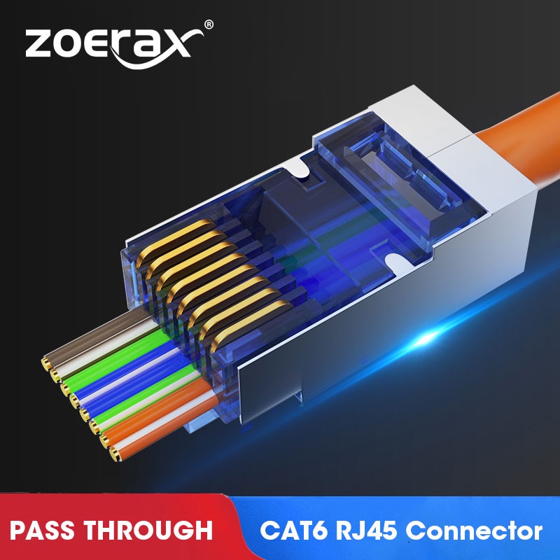 ZoeRax RJ45 Cat6 Pass Through Connectors, Assorted Colors, EZ to Crimp STP Modular Plug for ...