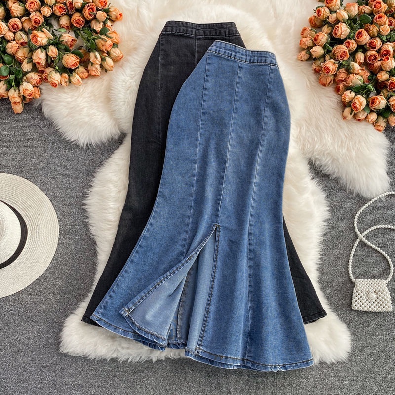 Stretch Split Fishtail Skirt for Women Summer Slim Ruffled A line Midi ...