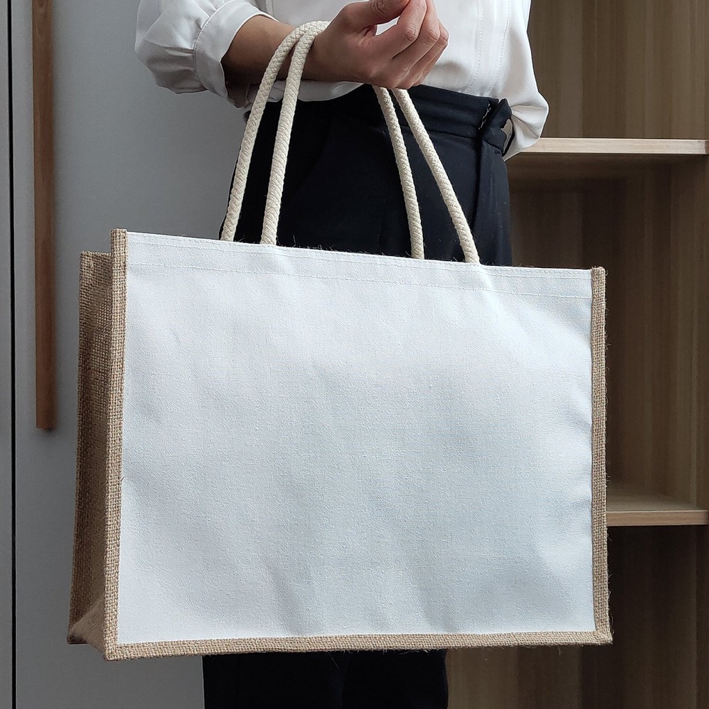 Linen Jute Tote Bag Plain Abaca Burlap Sling Shoulde Bag white side ...