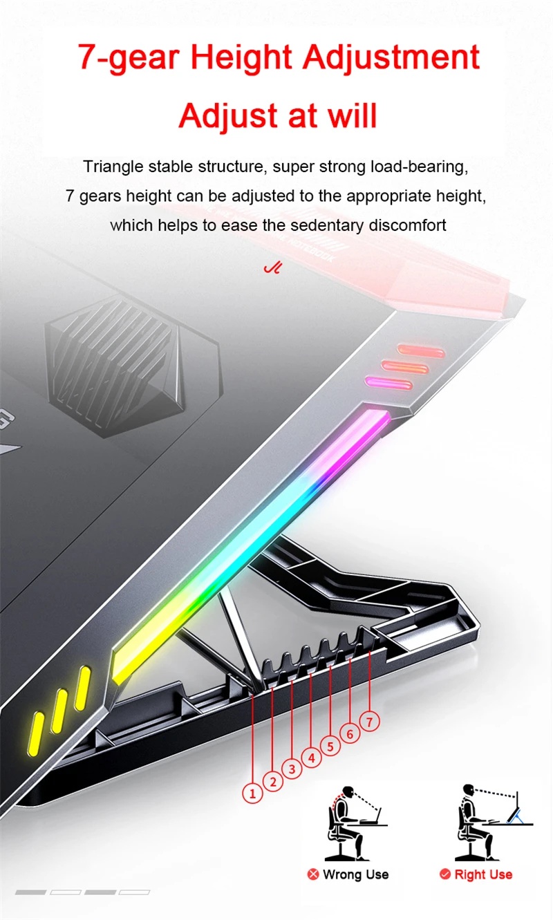 RGB Gaming Laptop Cooler Adjustable Notebook Stand 4500 RPM Powerful ...