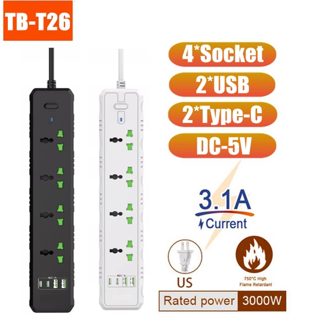 TB-T26 3.1A Universal Power Socket Extension Cord With 4 AC Sockets , 2 ...