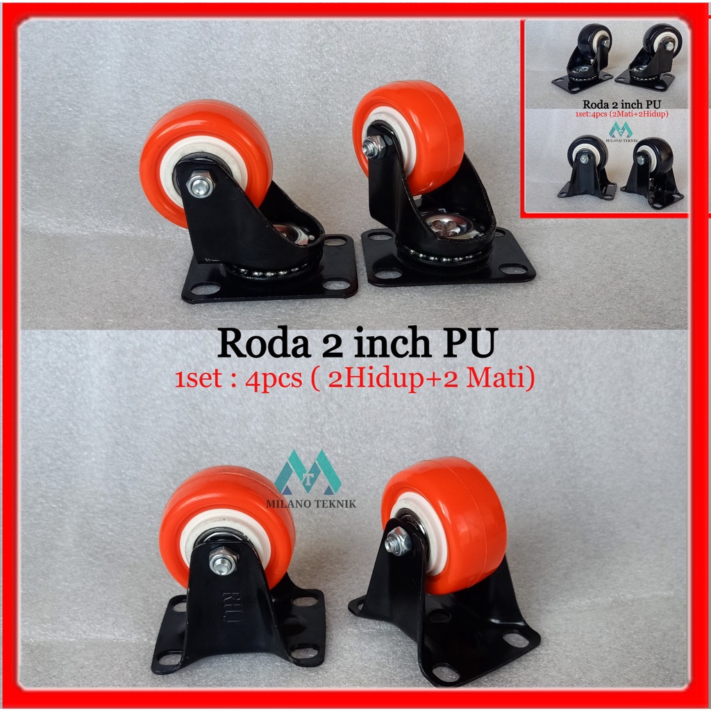 2 inch PU+Bearing Wheels 1set:4pcs(2M+2H) 2" Rubber Trolley caster ...