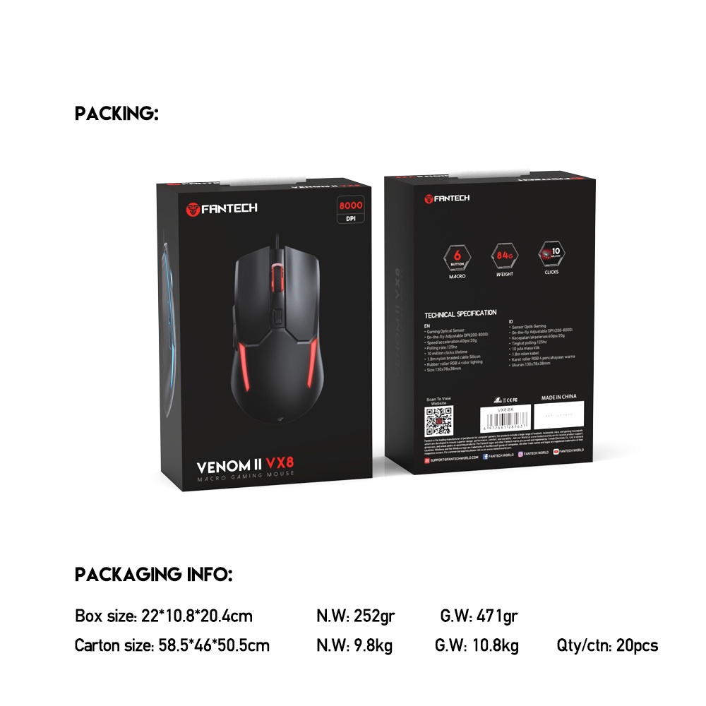 Fantech VX8 Venom II Wired Macro Gaming Mouse 125hz with RGB Lighting ...