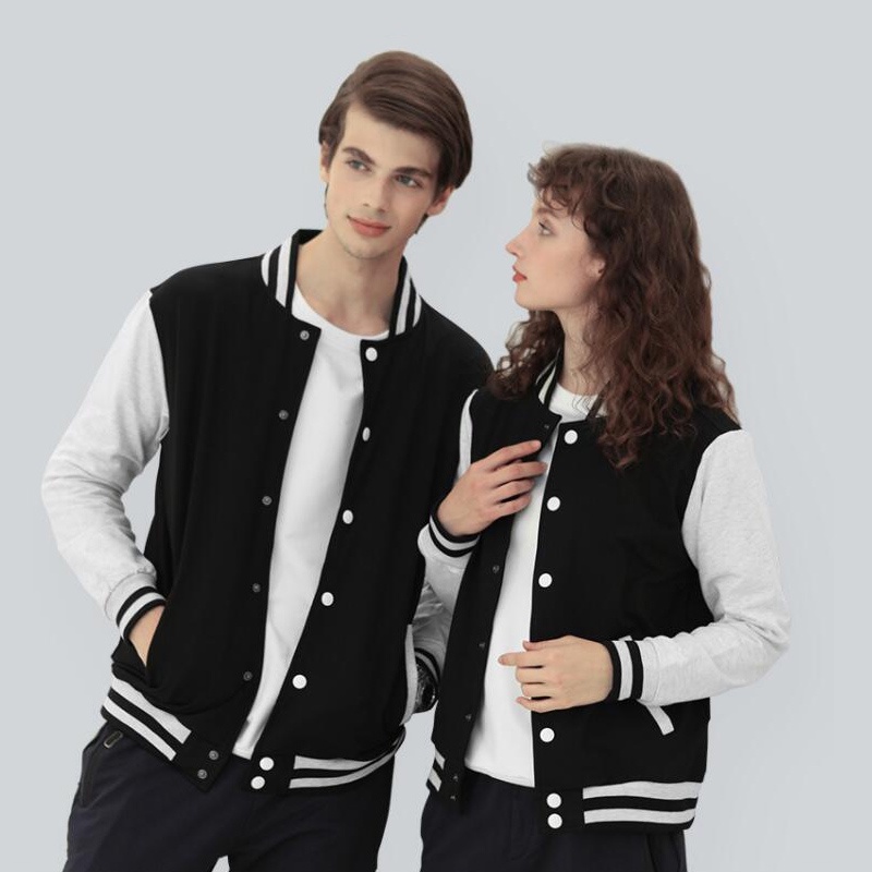 Men & Women Plain Baseball Jacket Unisex Outerwear Snap Button Varsity ...