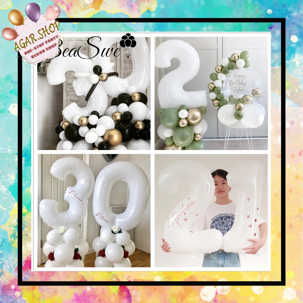 AGAR.SHOP 32 INCH White Number Foil Balloon 2ft Foil Balloon Birthday ...