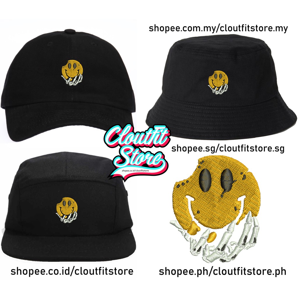 Embroidered Smile Skull Cap Hand Emot Emoji Snapback 5 Panel Baseball ...