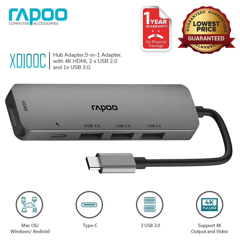 Rapoo USB C Hub 5 In 1 4K HDMI Type C Hub Adapter With USB 3.0 100W PD ...