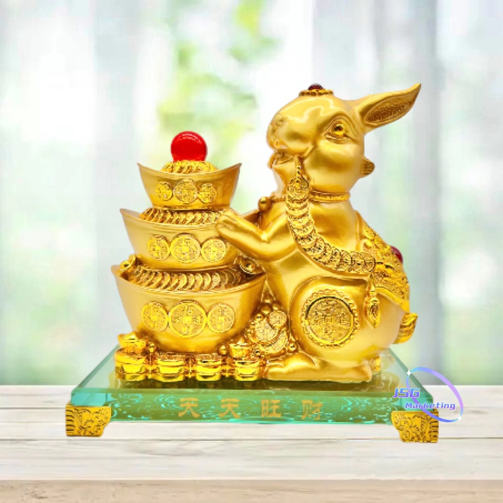 2023 Rabbit Golden Resin Chinese Zodiac Rabbit Statue FengShui Home ...