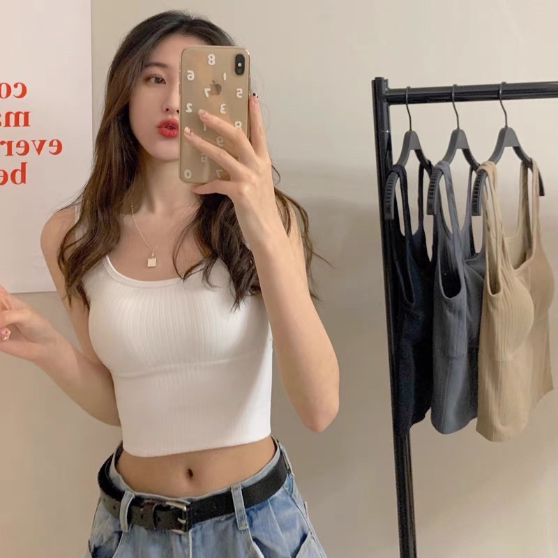 WIHan Korean Style Rib Knit Sando Crop Top Smocked Back Padded Outwear ...