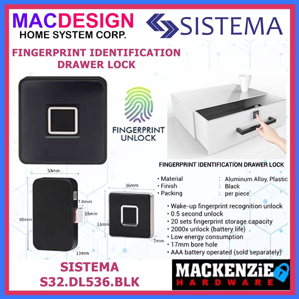 SISTEMA S32DL536BLK FINGERPRINT IDENTIFICATION DRAWER LOCK | Shopee ...