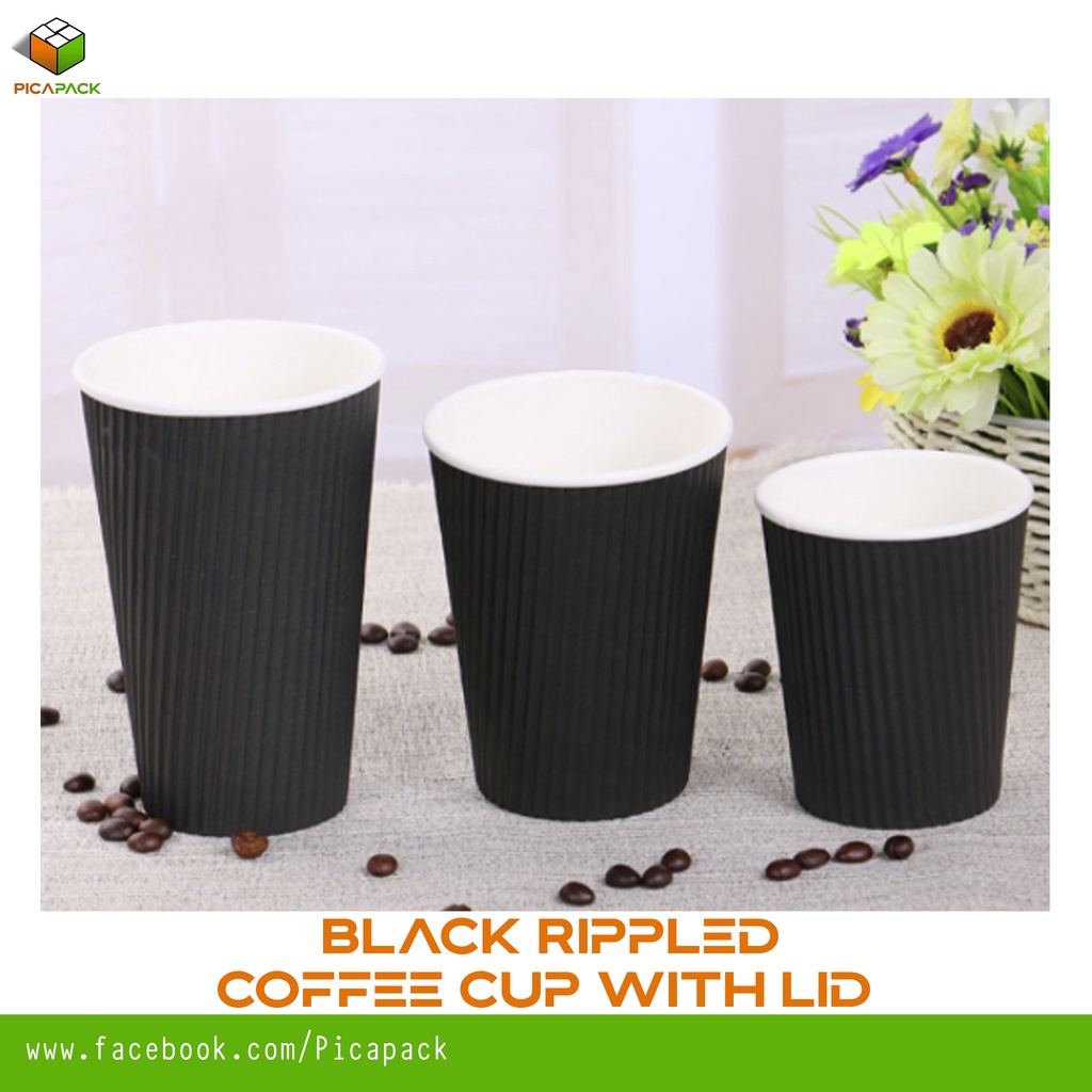 50pcs Black Rippled Coffee Cup 8oz / 12oz with Lid beverage rippled cup ...