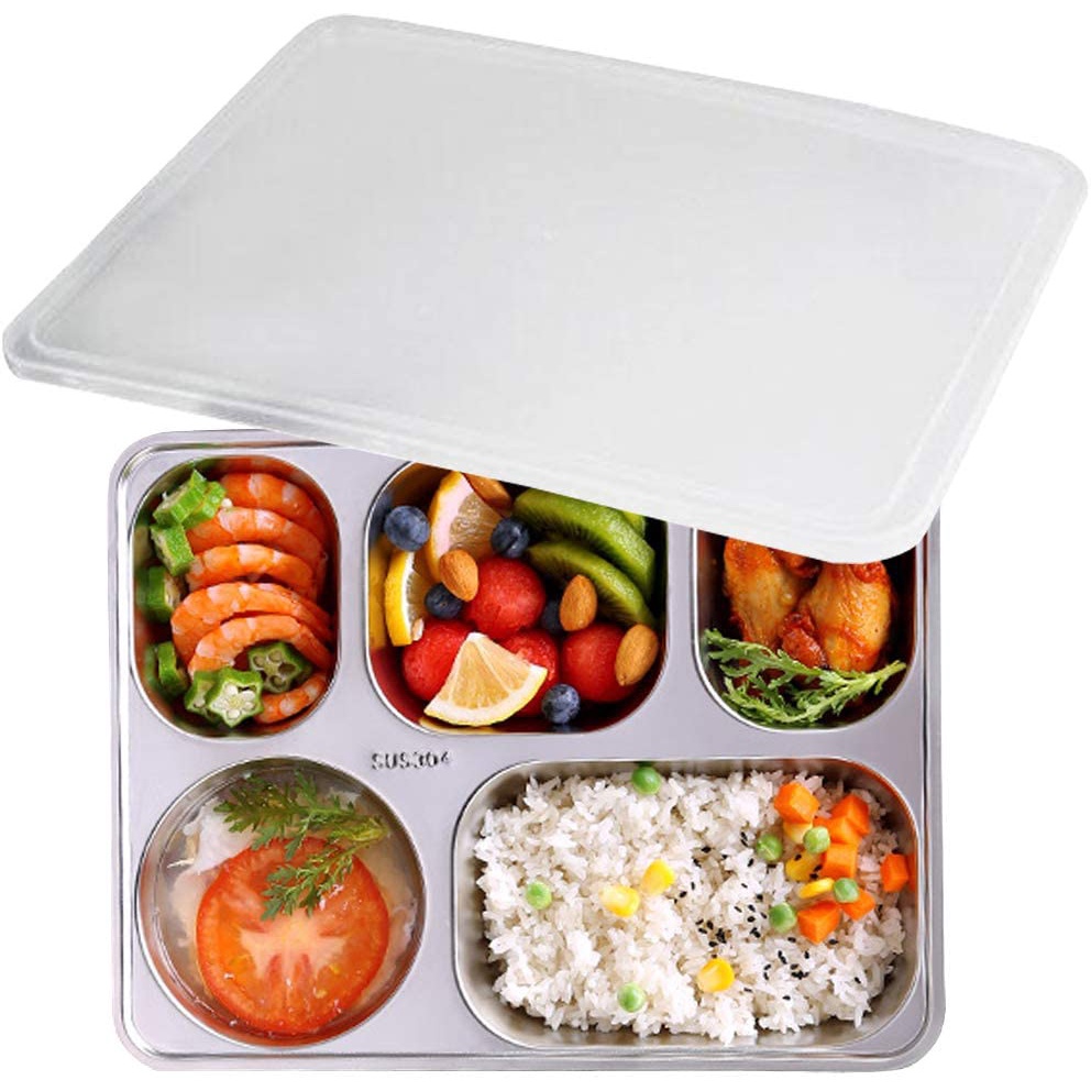 Stainless Steel Bento Box Food Tray Bento Divider Plate with Cover ...