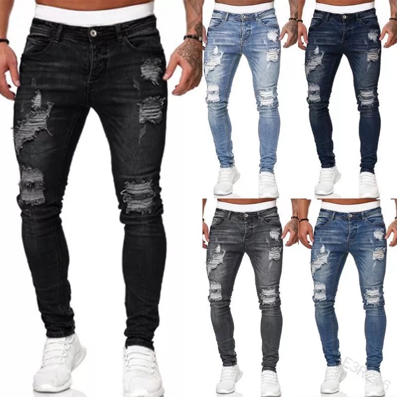Men's Outfit Casual Attire Hard Denim Tattered Ripped Jeans 7599/7600 ...
