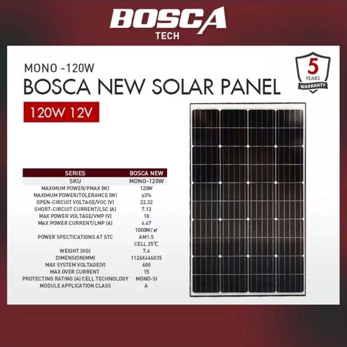 BOSCA NEW Monocrystalline Solar Panel 5 YEAR WARRANTY MONO 120W 12V ...