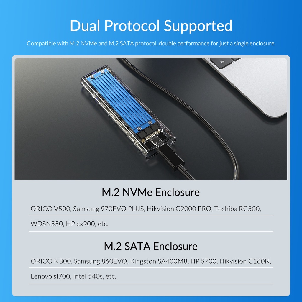 ORICO Dual Protocol M2 SSD Case NVMe NGFF Dual Protocol USB3.1 GEN2 10Gbps SSD Enclosure for ...