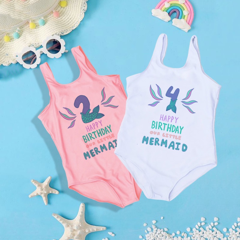 Mermaid Birthday 1-7y One-Piece Swimwear Summer Pool Party Bathing Suit ...
