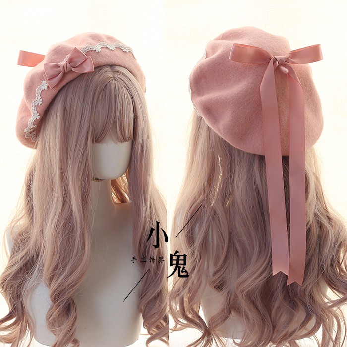 Japanese beret lolita girl heart sweet woolen female hand-made lace bow ...