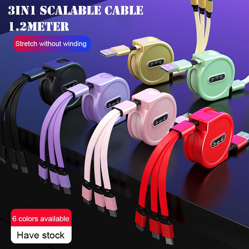 3 In 1 USB Charge Cable Retractable Portable Fast Charging Cable Micro ...