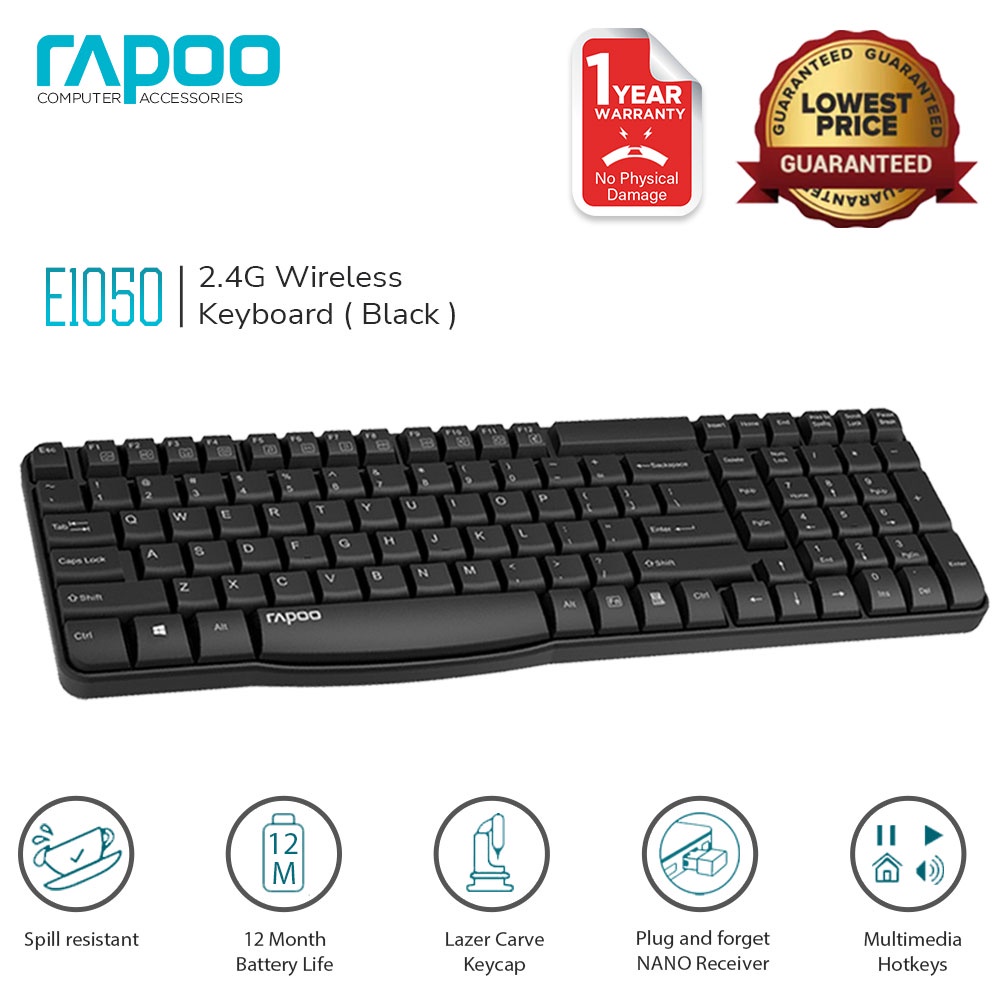 Rapoo E1050 Wireless Keyboard for Laptop 2.4GHz Spill-resistant and ...