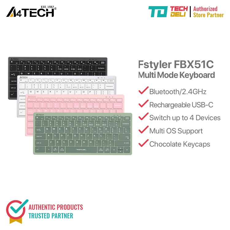 A4Tech FStyler FBX51C Mini Wireless Keyboard, Bluetooth, 2.4G Wireless, Type-C Rechargeable ...