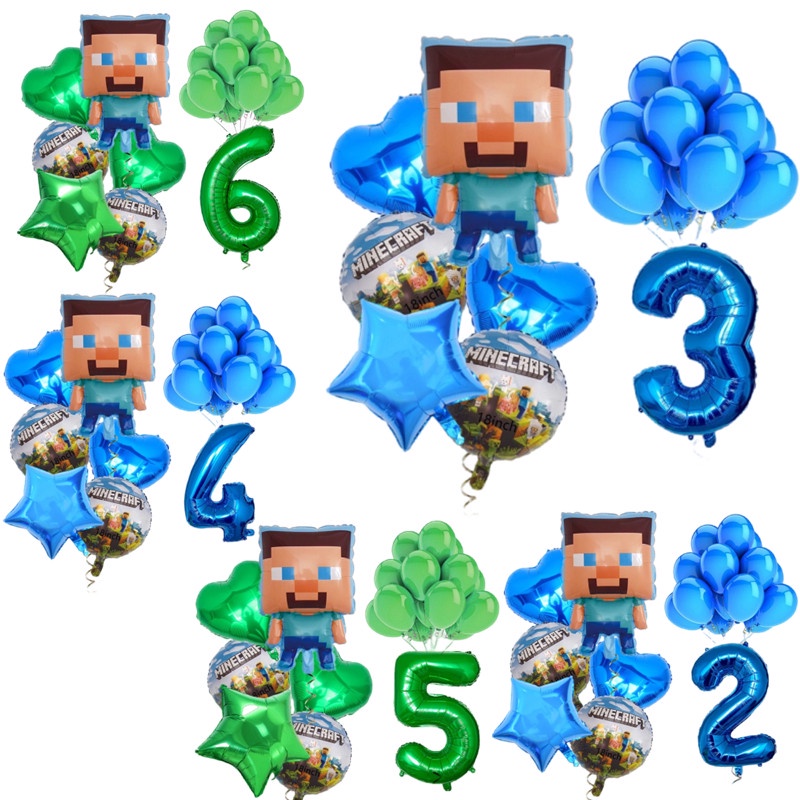 17pcs Minecraft Birthday Party Decoration Set Latex Balloon Foil Number ...