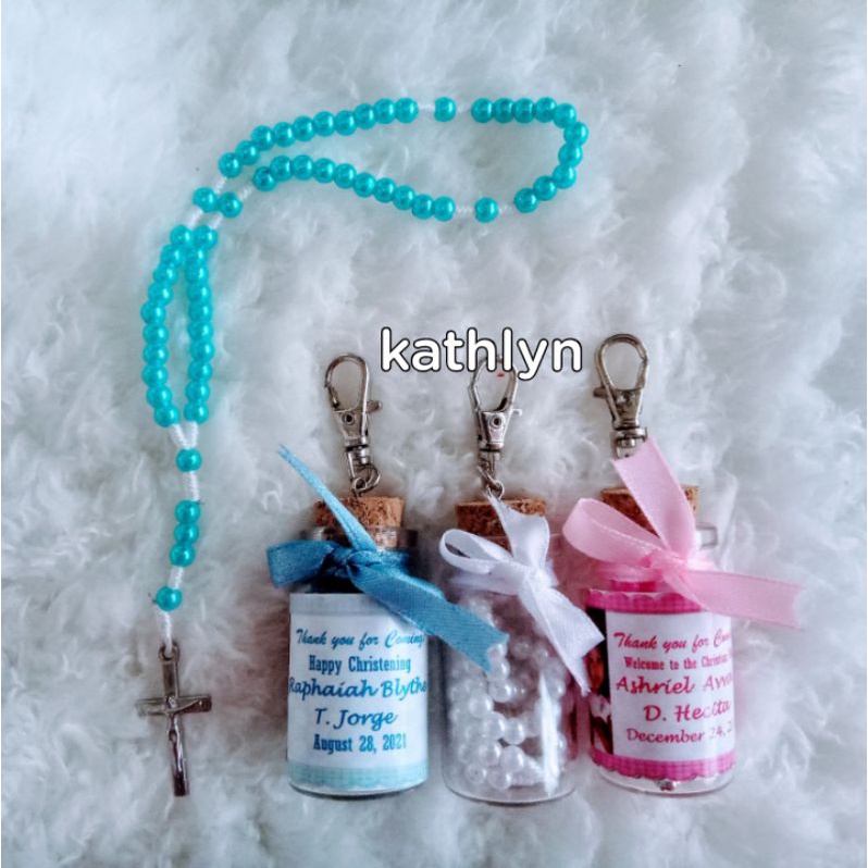 10 ocs Full mini rosary keychain in bottle with ribbon and print ...