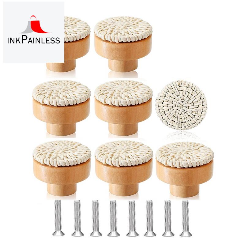 8PCS Boho Rattan Dresser Knobs Wood Drawer Knobs Handmade Woven Wicker ...