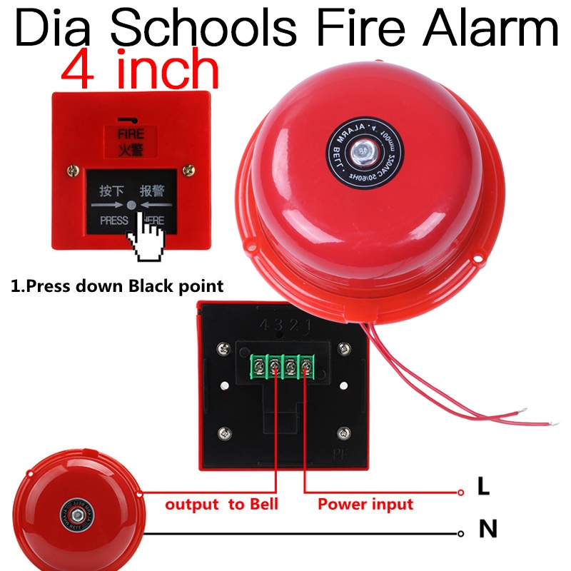 NewAC 220V100mm Dia Schools Fire Alarm Round Shape Electric Bell Red ...