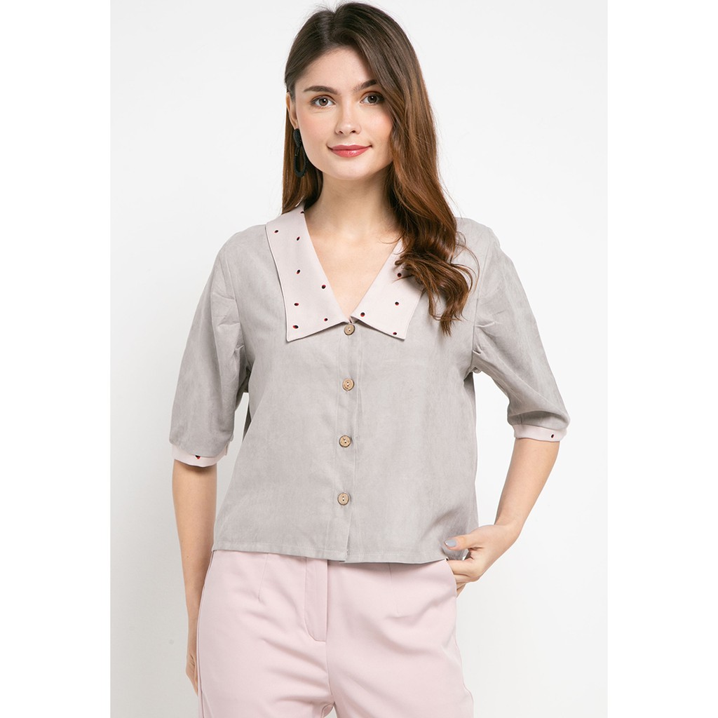 Photograph - Diva Blouse s/s Crop Falling Band Collar Taupe | Shopee ...