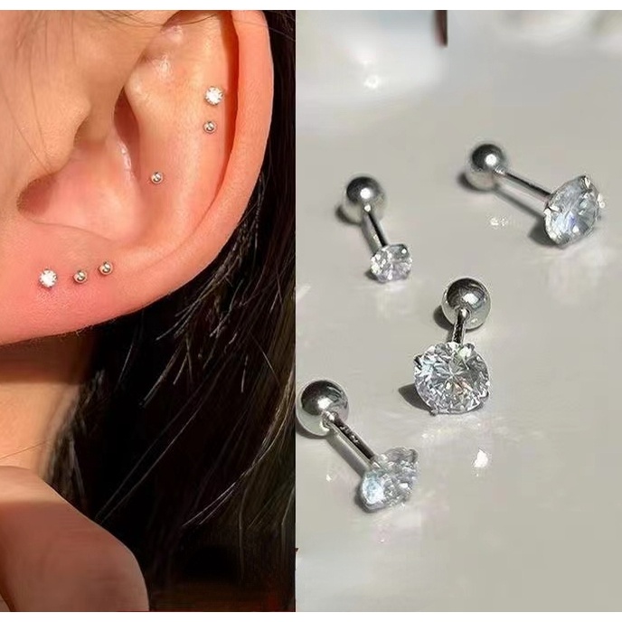 3/4mm Zircon Screw S925 Sterling Silver Earrings Ear Studs for Daily Wear | Shopee Philippines