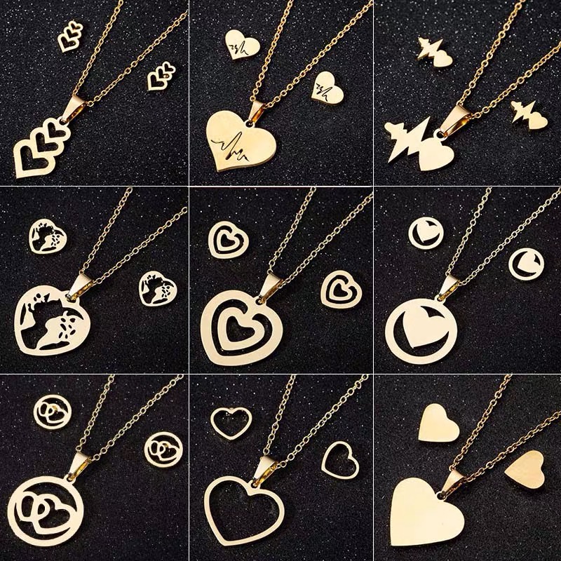 [Maii] 2 in 1 Necklace with Earrings Gold Stainless Steel Jewel Set ...