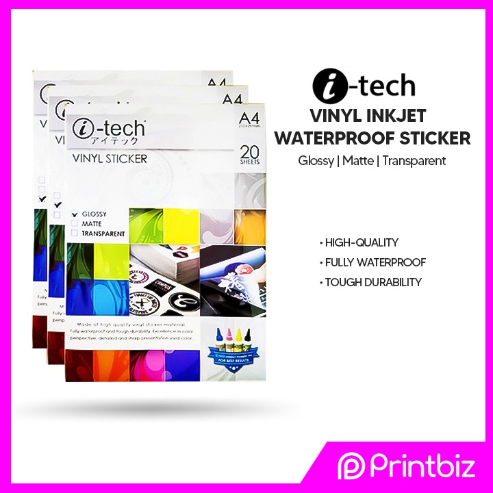 I-TECH Inkjet Vinyl Sticker Waterproof A4 20PCS per pack(GLOSSY | MATTE | TRANSPARENT ) | Shopee ...