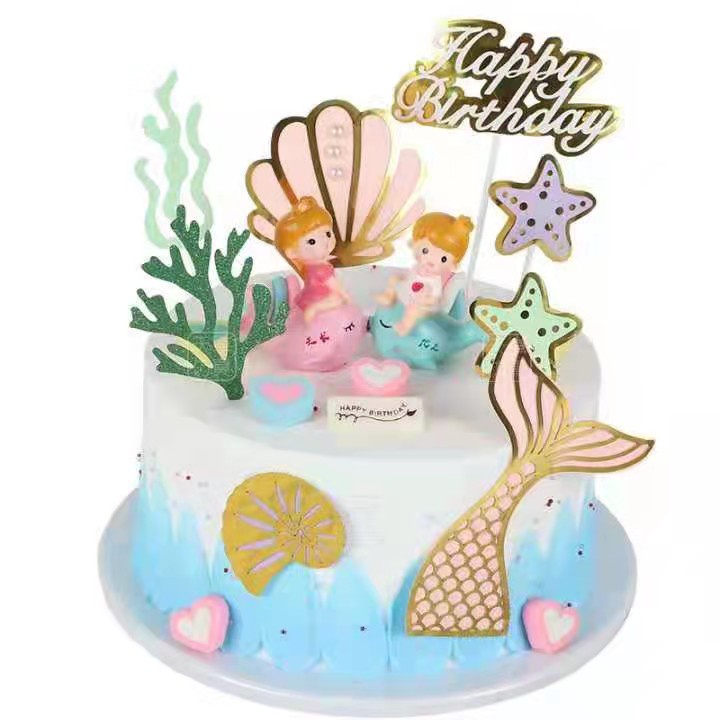 Ins Mermaid Gold Shell Mermaid Tail Paper Card Cake Topper Baking Prop