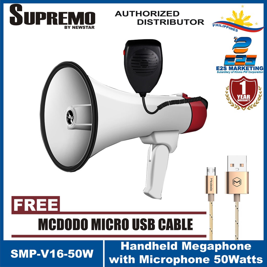 Supremo Handheld Megaphone with Microphone 50Watts SMP-V16-50W w/ Voice ...