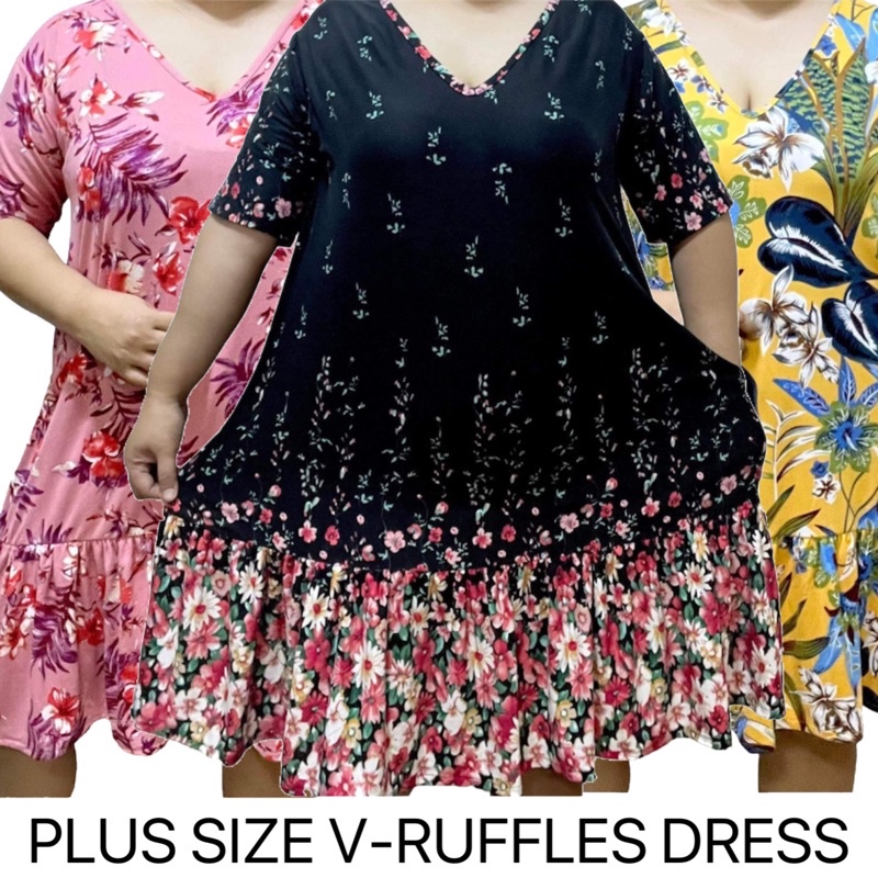 3XL Plus Size V-Ruffles Dress with Side Pocket | Large-3XL | Shopee ...
