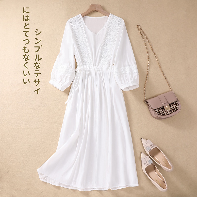 Elegant Women Lace Solid Color Dress Plus Size Bohemian White Dress V ...