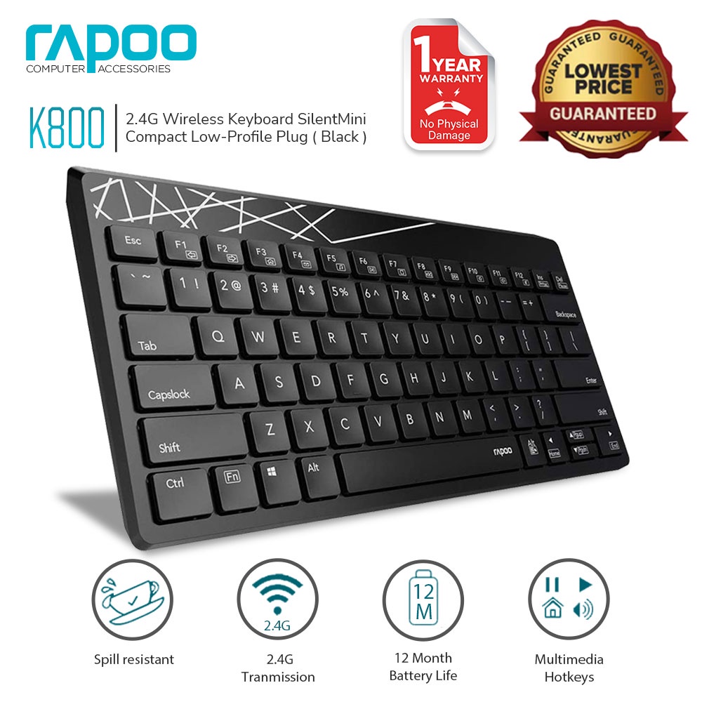 Rapoo K800/8000M 2.4G Wireless Keyboard Silent Mini Compact Low-Profile ...